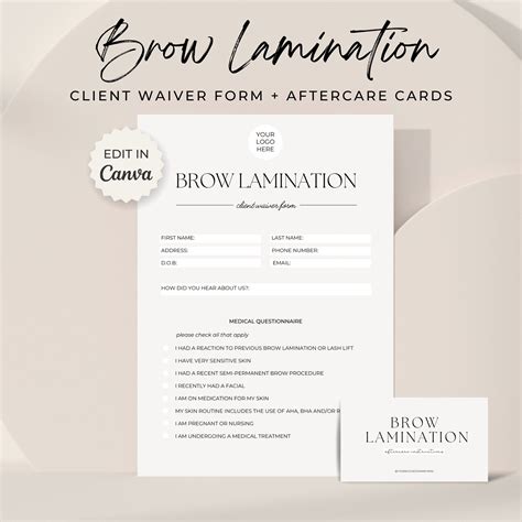Brow Lamination Consent Form Editable Canva Template Aftercare Cards Salon Forms Instant