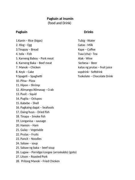 Pagkain At Inumin Pdf