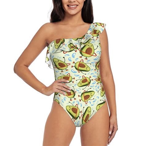 Bingfone Avocado Doing Sport Print Womens One Piece Swimsuits One Shoulder Ruffle Bathing Suits