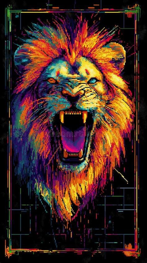 Colorful Pixel Art Furious Lion In Glitch Art Style On A Black