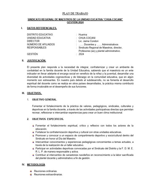 Plan De Trabajo 2024 Chua Cocani Pdf Maestros Sindicato