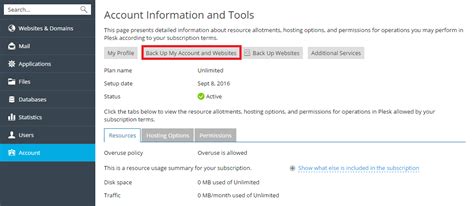 Backing Up The Account And Websites Plesk Onyx Documentation