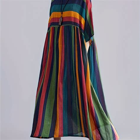 Рокля С Големи Размери В Цветни Блокове И Ивици Свободна Кройка Къс Ръкав За Пролет И Лято