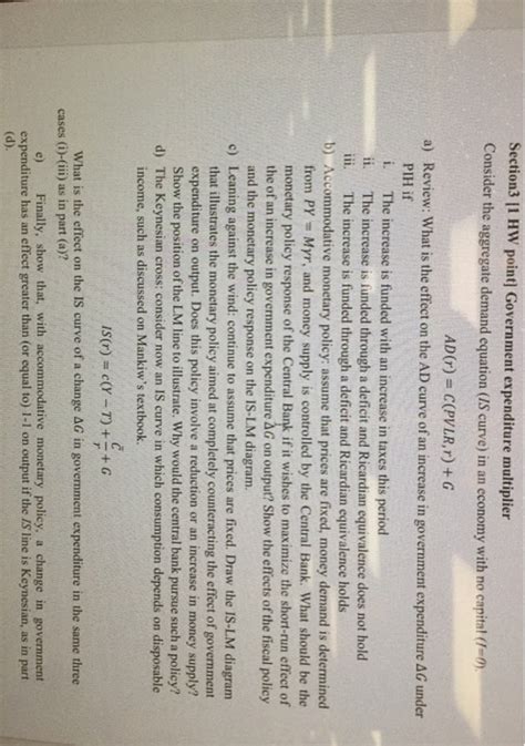 Solved Consider The Aggregate Demand Equation Is Curve In