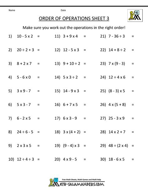 Order Of Operations 5th Grade Worksheet