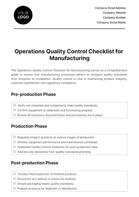 free operations quality control checklist for manufacturing template to