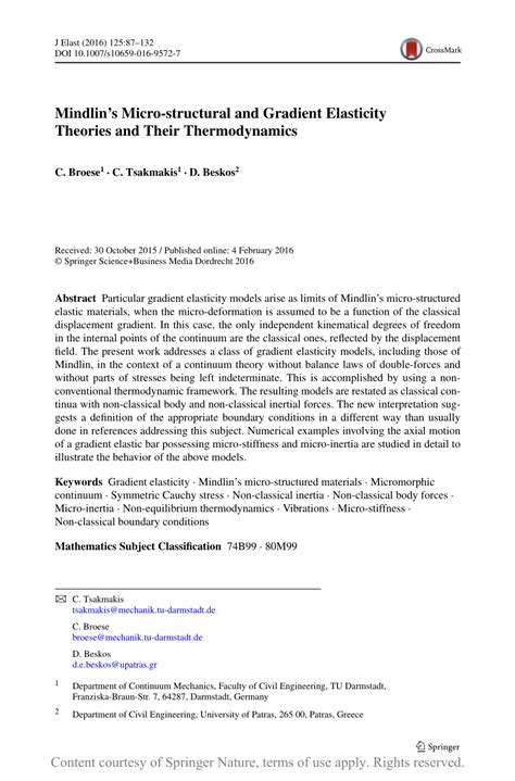 Mindlins Micro Structural And Gradient Elasticity Theories And Their Thermodynamics Request Pdf