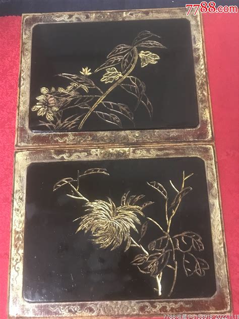 民国独板阴刻描金花卉雕板一对 木雕花板 东瓯万宝斋7788收藏 收藏热线