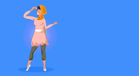 아랍 여자 포즈 행복 아랍어 여자 착용 Hijab 패션 옷 무슬림 여성 만화 캐릭터 전체 길이 평평 블루 배경 가로 서 개념에 대한 스톡 벡터 아트 및 기타 이미지 Istock