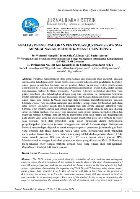 Pdf Analisis Pengelompokan Penentuan Jurusan Siswa Sma Menggunakan Metode K Means Clustering