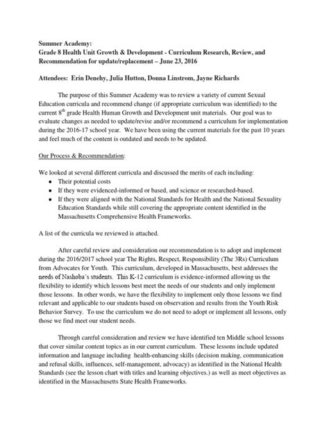 He Grade 8 Growth And Development Curriculum Review Recommendations