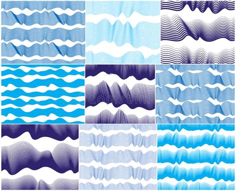 Artistic Vector Seamless Patterns Set With Stylized Waves Blue Color Curve Lines Abstract