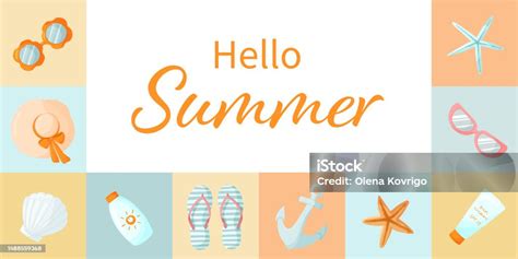 다양한 해변 요소가 있는 해상 여름 콜라주 선글라스 조개껍데기 선크림 닻 슬리퍼가 있는 밝은 해변 배너 안녕하세요 여름 텍스트입니다 여름 행사를 위한 템플릿 개념에 대한