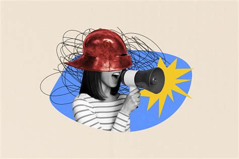 미술 3d 스케치 사진 이미지 콜라주 화난 소녀 입고 있다 금속 헬멧 비명 메가폰 동요 알리다 항의 활동가 병사 20 24세에 대한 스톡 사진 및 기타 이미지 Istock