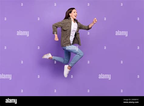 Full Length Body Size Photo Smiling Woman Jumping Up Running Fast