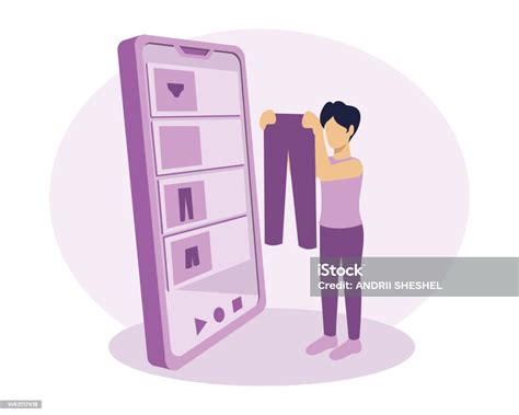 휴대 전화 근처에 서서 바지를 들고 온라인 쇼핑을하는 젊은 남자 윈도쇼핑에 대한 스톡 벡터 아트 및 기타 이미지 윈도쇼핑