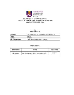 BQS 401 Assignment 1 INTRODUCTION TO QUANTITY SURVEY DEPARTMENT OF