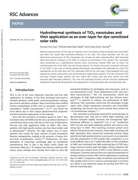Pdf Hydrothermal Synthesis Of Tio2 Nanotubes And Their Application As