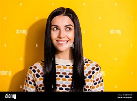 Photo Of Young Girl Happy Positive Smile Bite Lips Teeth Curious Dream
