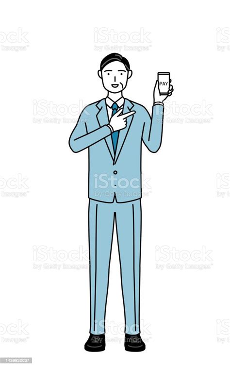 고위 사업가 임원 관리자 및 사장이 스마트폰에서 현금 없는 온라인 결제를 권장하는 간단한 선 그리기 그림 Brand Name Mobile Payment에 대한 스톡 벡터