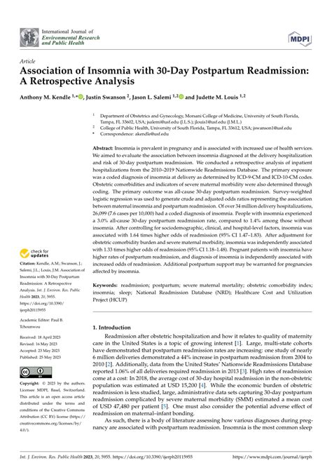 Pdf Association Of Insomnia With 30 Day Postpartum Readmission A
