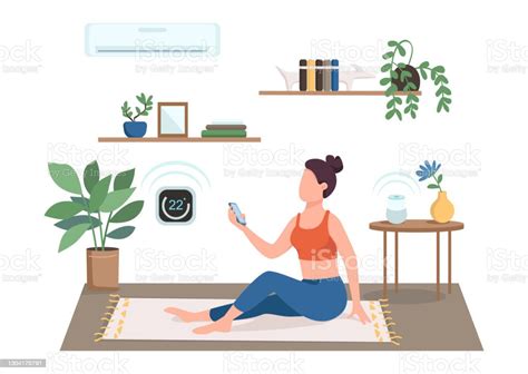 공기 조절 플랫 컬러 벡터 얼굴없는 캐릭터를 제어하는 여성 운동을 위해 온도 조절을 조정하는 소녀 웹 그래픽 디자인 및 애니메이션을 위한 스마트 온도 조절 격리 만화