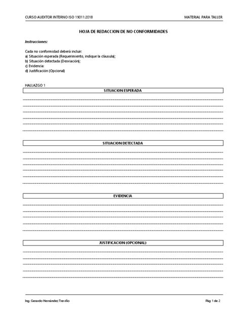 Hoja De Redacción De No Conformidades Pdf