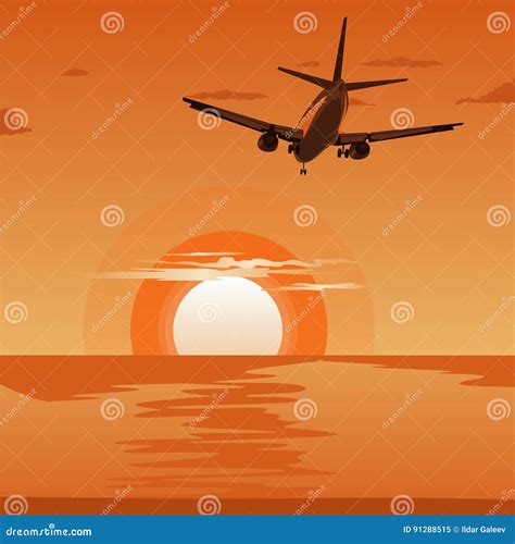 Commercial Airplane Flying Above Tropical Sea At Sunset Stock Vector