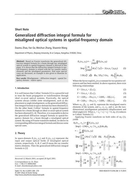 PDF Generalized Diffraction Integral Formula For Misaligned Optical Systems In Spatial