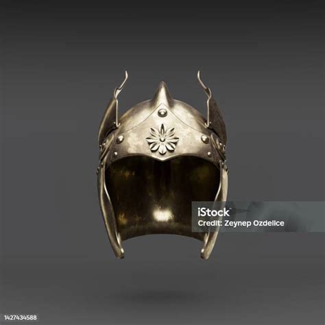 금속 중세 기사 헬멧 정면보기 충돌 헬멧 고대 전사 갑옷 3d 렌더링 방패에 대한 스톡 사진 및 기타 이미지 방패 중세