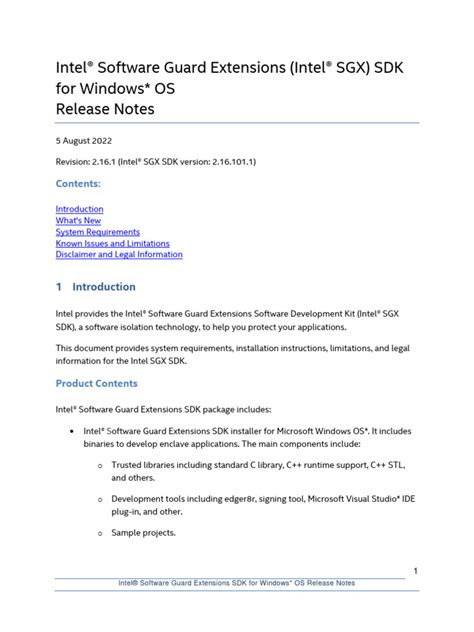 Intel Sgx Sdk Release Notes For Windows Os Pdf Microsoft Windows Library Computing