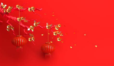 레드 골드 사쿠라 꽃과 가지 벚꽃 중국 등불 램프 디자인 창조적 인 개념의 중국 축제 축제 축제 공 시 파 카이 음력설에 대한