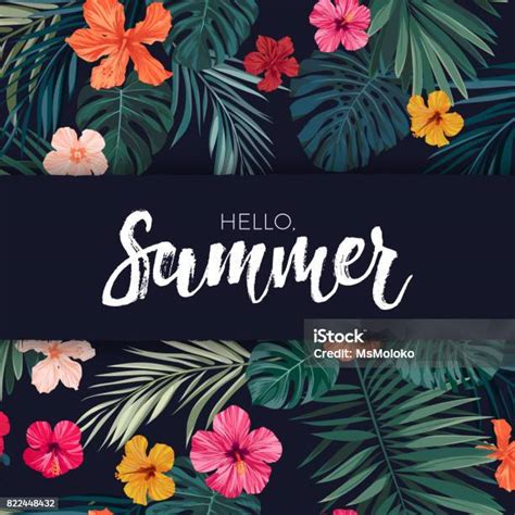 열 대 야 자 나뭇잎과 히 비 스커 스 꽃으로 여름 다채로운 하와이 벡터 전단지 디자인 0명에 대한 스톡 벡터 아트 및 기타 이미지 0명 광고 꽃 나무 Istock