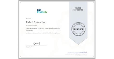 Completion Certificate For Cps Design With Arm Core Using Micropython For Rahul Sutradhar