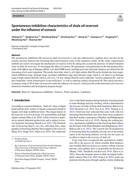 Pdf Spontaneous Imbibition Characteristics Of Shale Oil Reservoir Under The Influence Of Osmosis