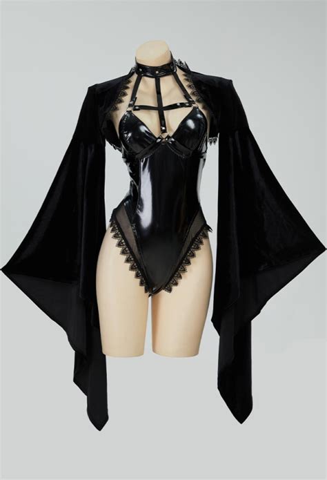 Women Gothic Sexy Nun Style Costume Black Bodysuit And Flared Sleeve