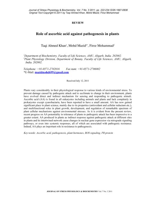 Role Of Ascorbic Acid Against Pathogenesis In Plants Jspb