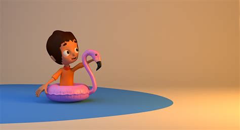물 속에서 플라밍고 팽창식 플로트를 가지고 노는 아이와 함께하는 여름 개념 3d 그림 공간을 복사합니다 3차원 형태에 대한 스톡