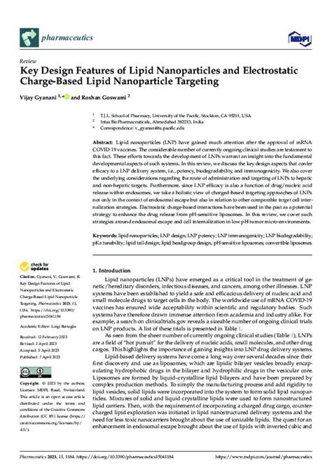 Pdf Key Design Features Of Lipid Nanoparticles And Electrostatic