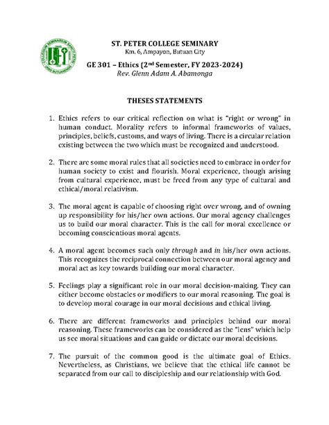 Theses Statements For Final Exan St Peter College Seminary Km 6