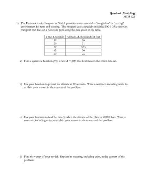 Solved Quadratic Modeling Mth 122 1 The Reduce Gravity