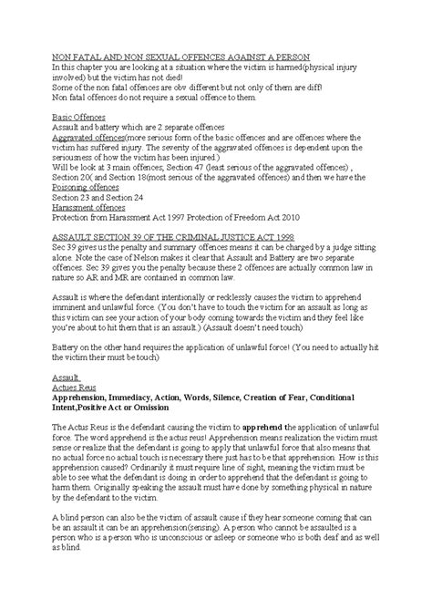 Non Fatal Offences Notes Non Fatal And Non Sexual Offences Against A