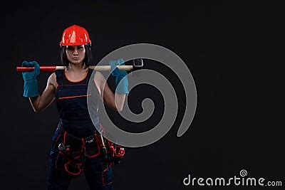 Sex Equality And Feminism Girl In Safety Helmet Holding Hammer Tool Attractive Woman Working