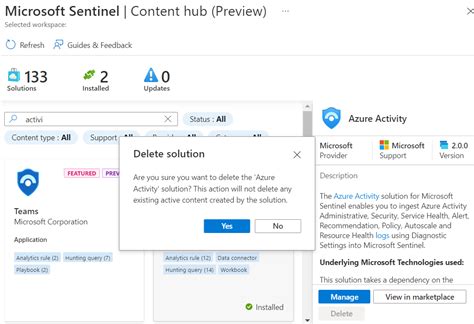 설치된 Microsoft Sentinel 기본 제공 콘텐츠 및 솔루션 삭제 Microsoft Learn
