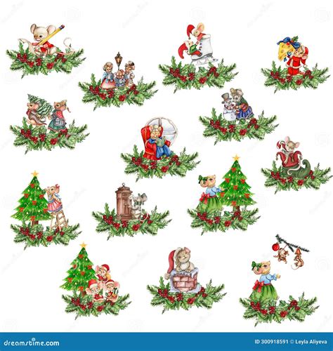 Watercolor Christmas Mice In Cartoon Style Composition Watercolor