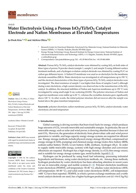 Pdf Water Electrolysis Using A Porous Iro2 Ti Iro2 Catalyst Electrode And Nafion Membranes At