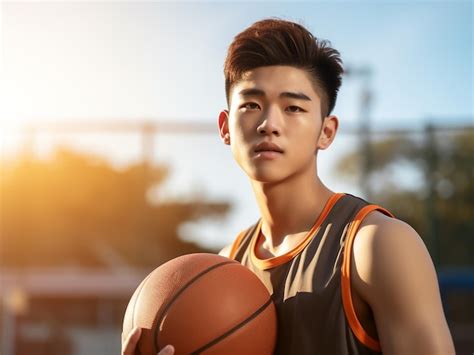 Joyful Young Asian Basketball Player With A Ball Premium Ai Generated