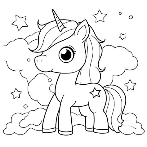 어린이와 성인을 위한 유니콘 흑백 색칠 페이지 라인 아트 간단한 만화 스타일 행복하고 귀엽고 재미있습니다 프리미엄 벡터
