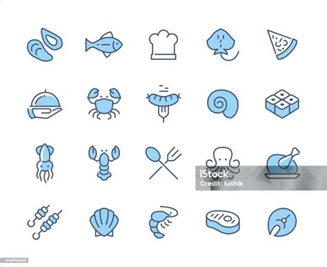 해산물 및 식사 아이콘 세트입니다 편집 가능한 획 두께 픽셀 완벽한 이색 아이콘 프렌치 프라이에 대한 스톡 벡터 아트 및 기타