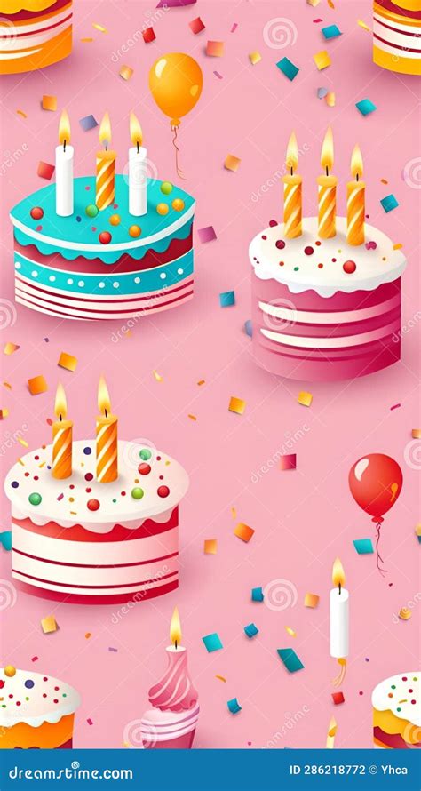 Happy Birthday Cake With Candles And Confetti On A Pink Background